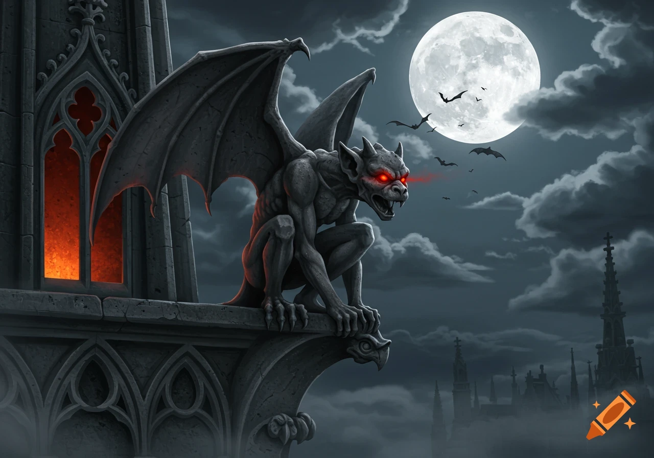 A stone gargoyle with glowing red eyes crouches on a gothic building ...