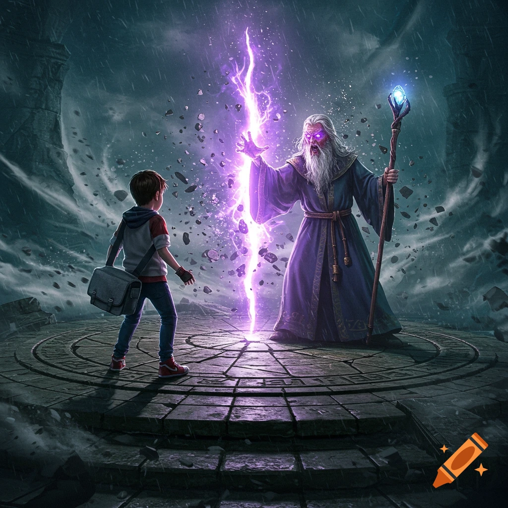 An epic fantasy illustration of a wizard casting a powerful purple ...