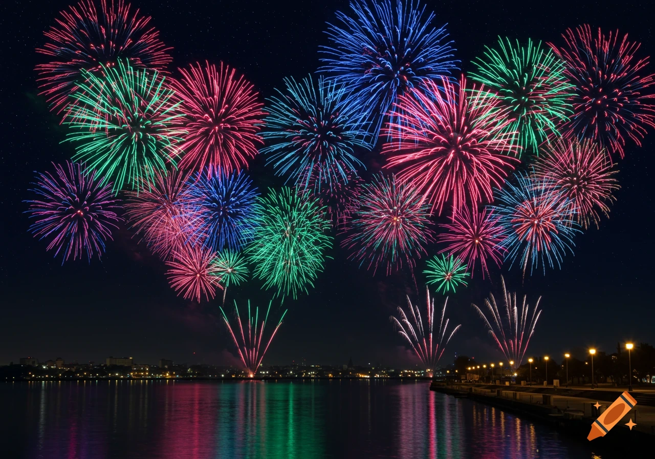 A vibrant display of colorful fireworks exploding over a city skyline ...
