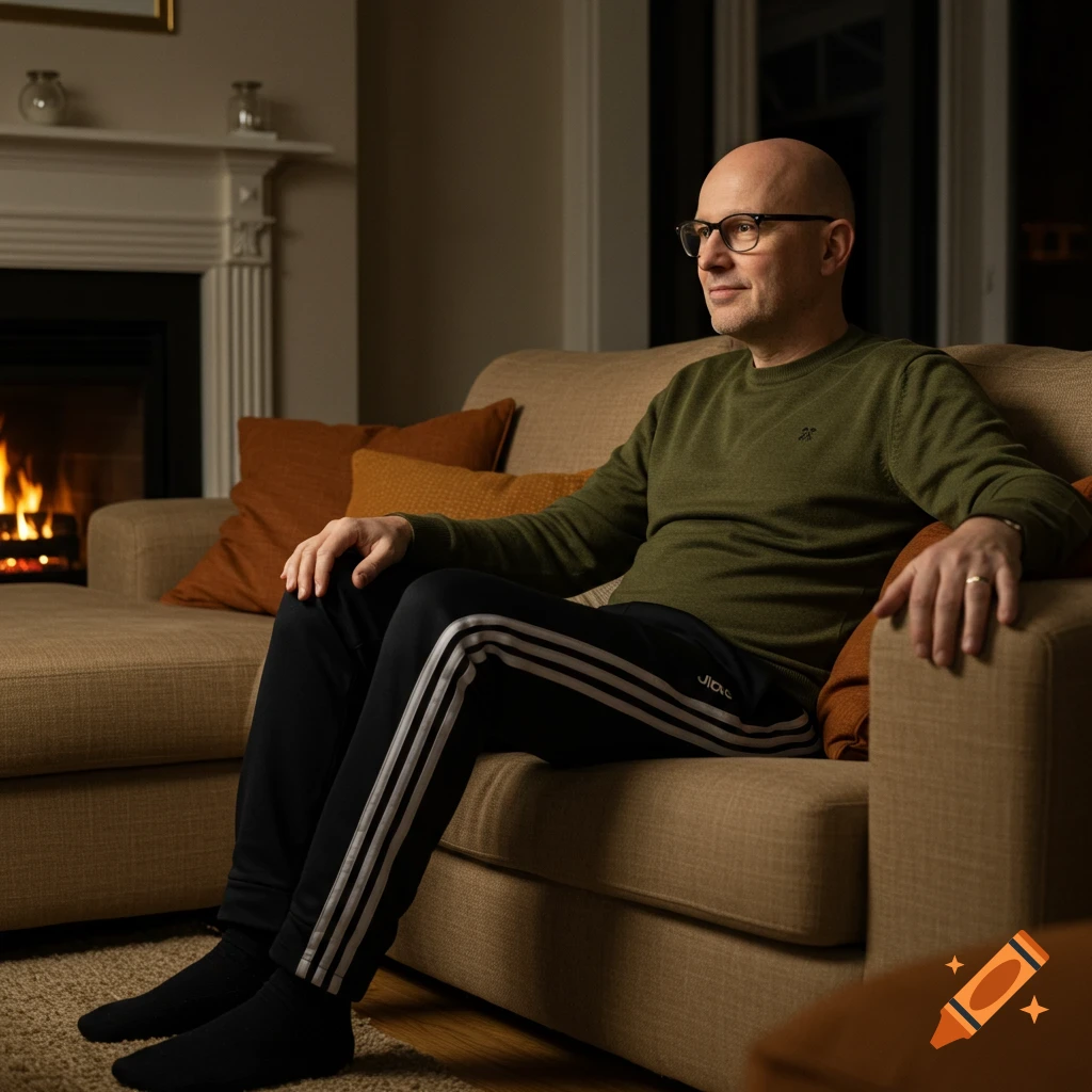 Bald man with glasses and a green sweater sits on a couch in a living ...