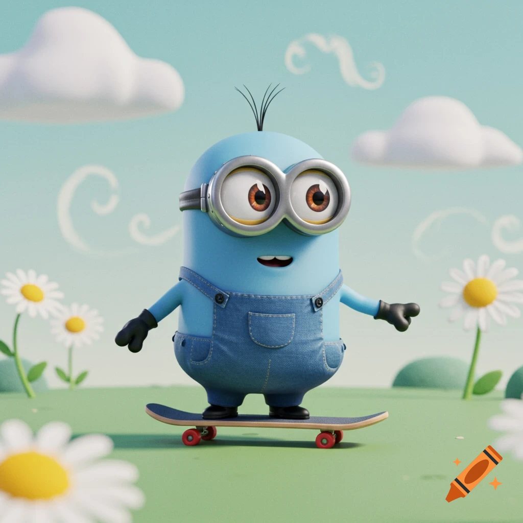 A cartoon Minion with goggles and denim overalls stands in a vibrant ...