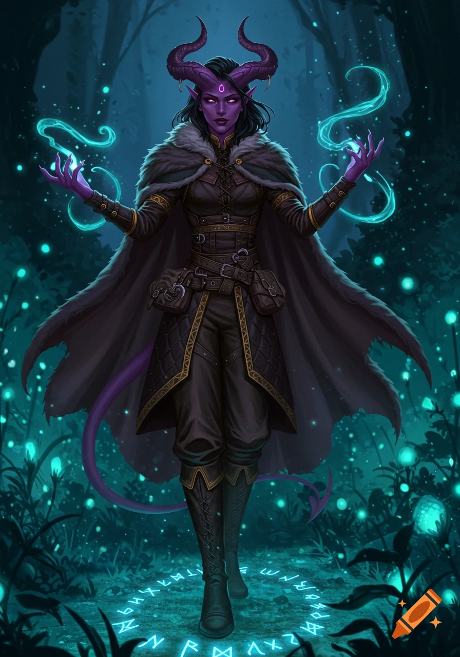 Purple-skinned Tiefling with horns, tail, and glowing eyes in dark ...