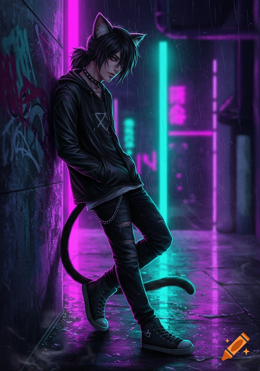 A dark-haired man with cat ears and tail, wearing black, holds a doodle ...