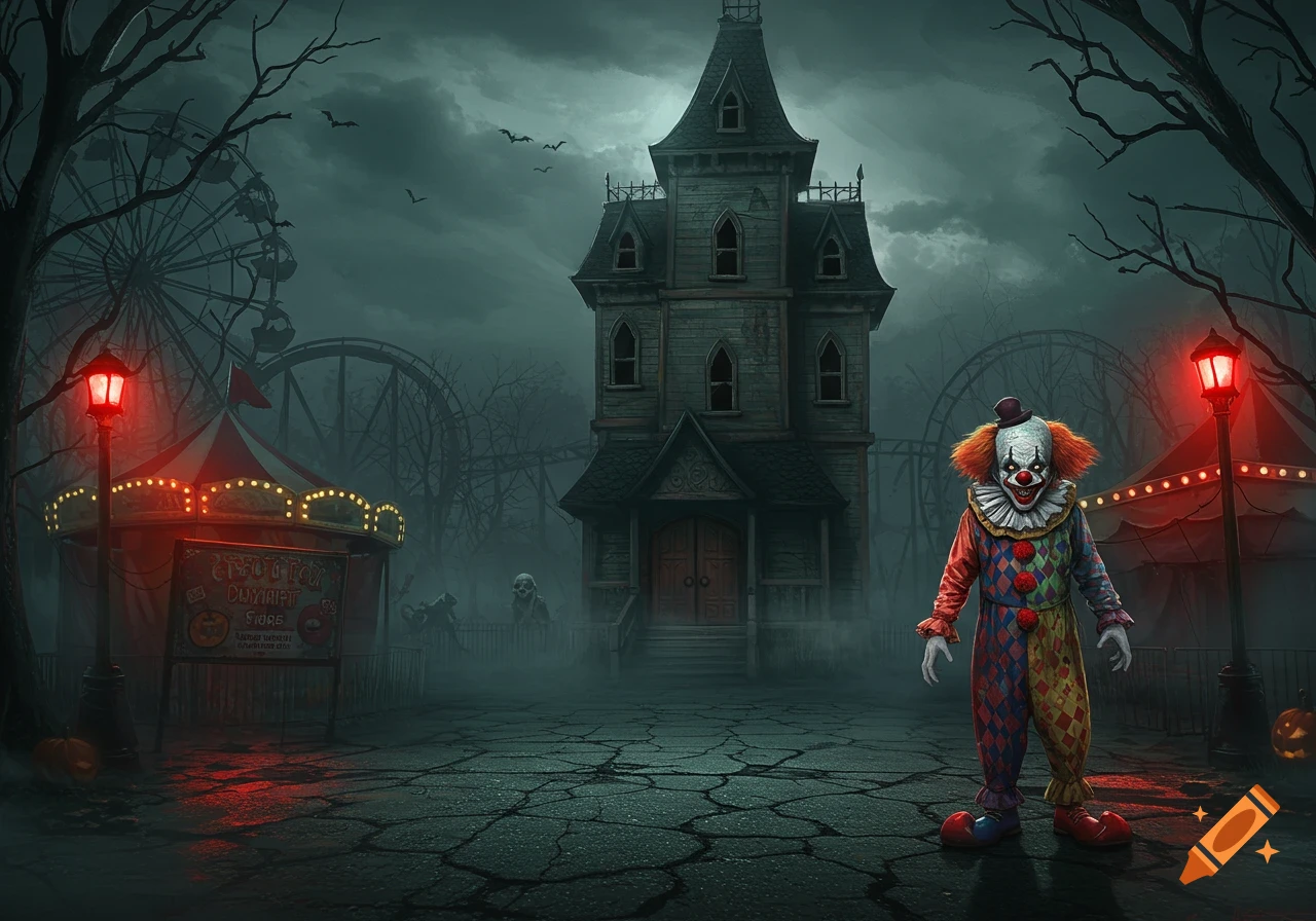 A scary clown stands in front of a haunted house at a gloomy, abandoned ...