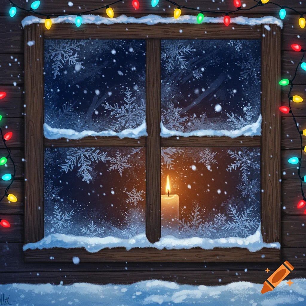 A cozy wooden window covered in snow and illuminated by colorful ...