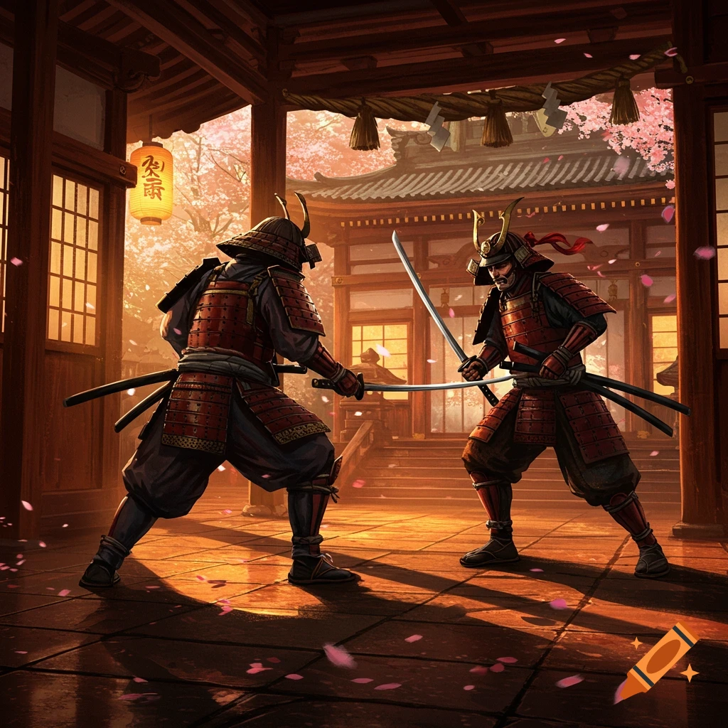 Two samurai in red and black armor, wielding katanas, face each other ...