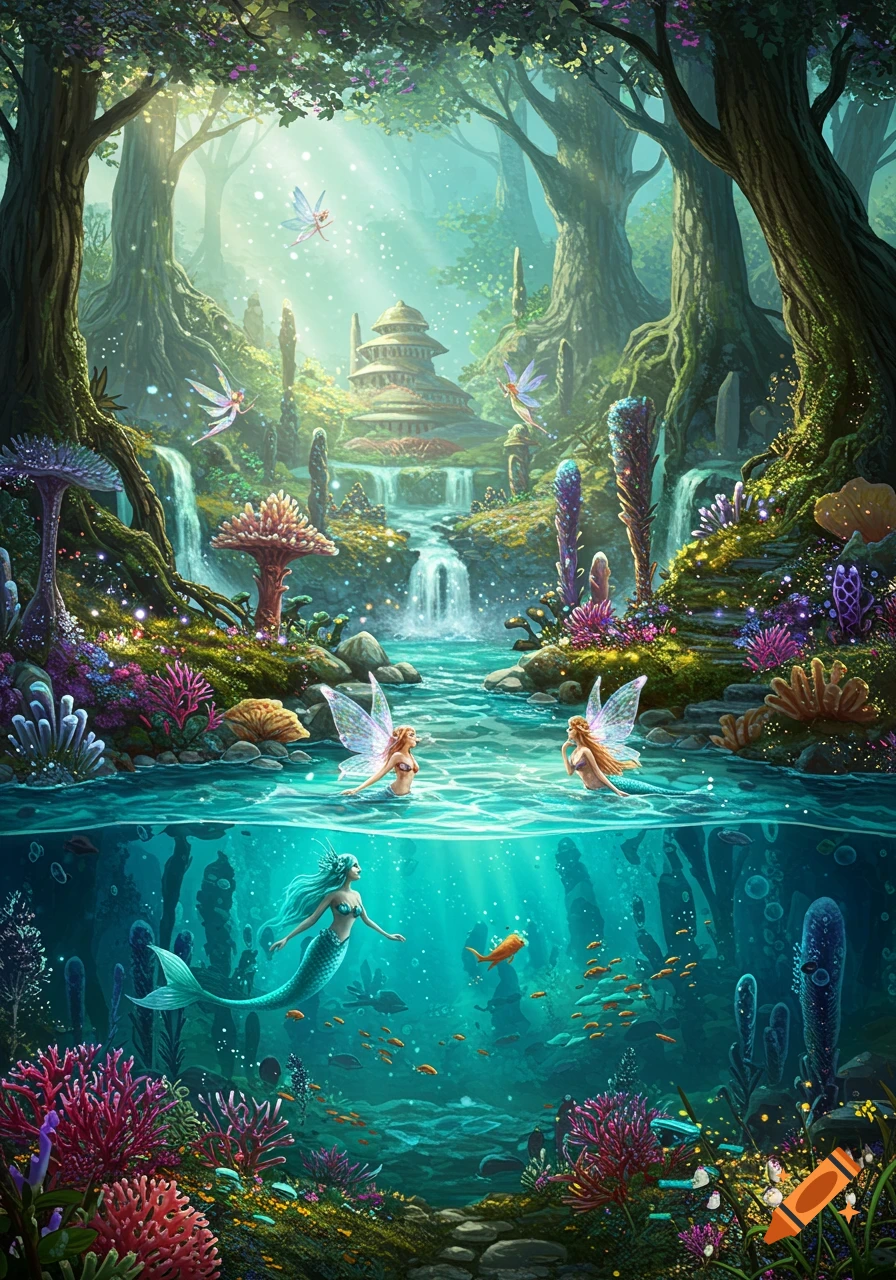 Vibrant fantasy landscape with a magical forest, waterfalls, and ...