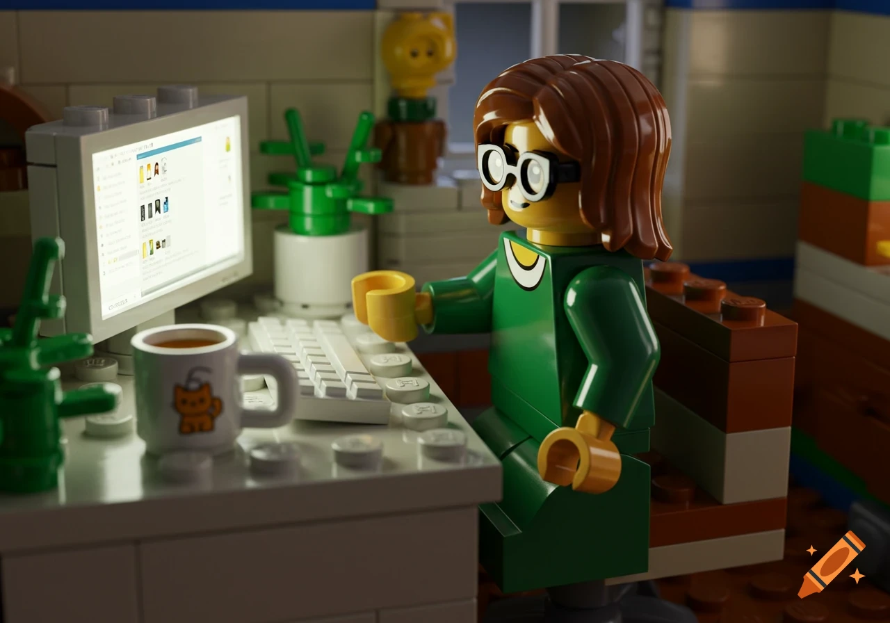 A Lego minifigure with brown hair and glasses, wearing a green outfit ...