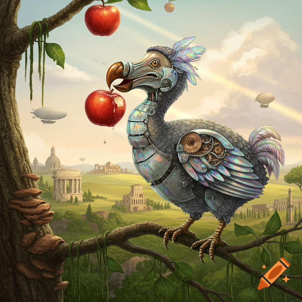 A steampunk dodo bird eats an apple while perched on a tree branch ...