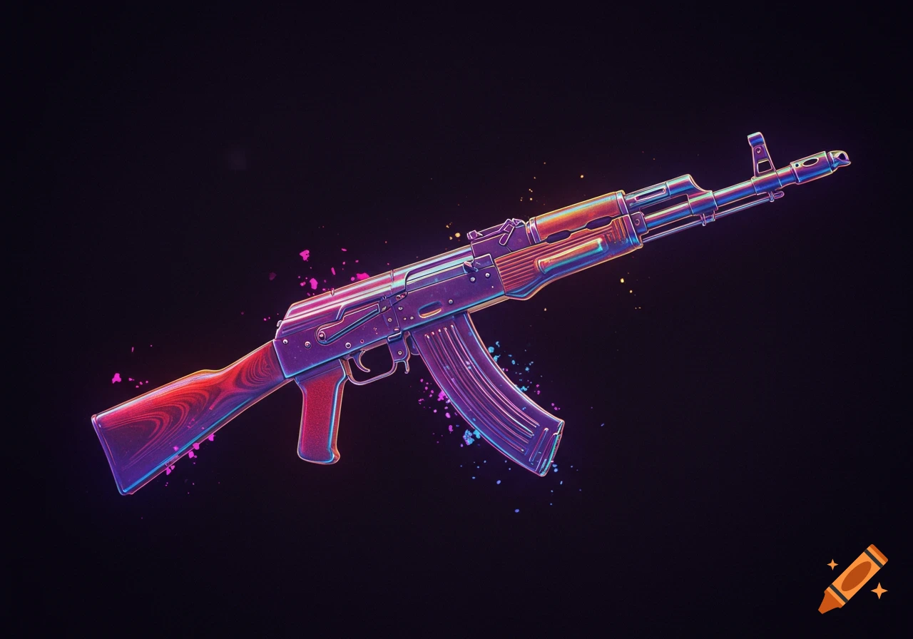A stylized AK-47 assault rifle with vibrant neon RGB colors and paint ...