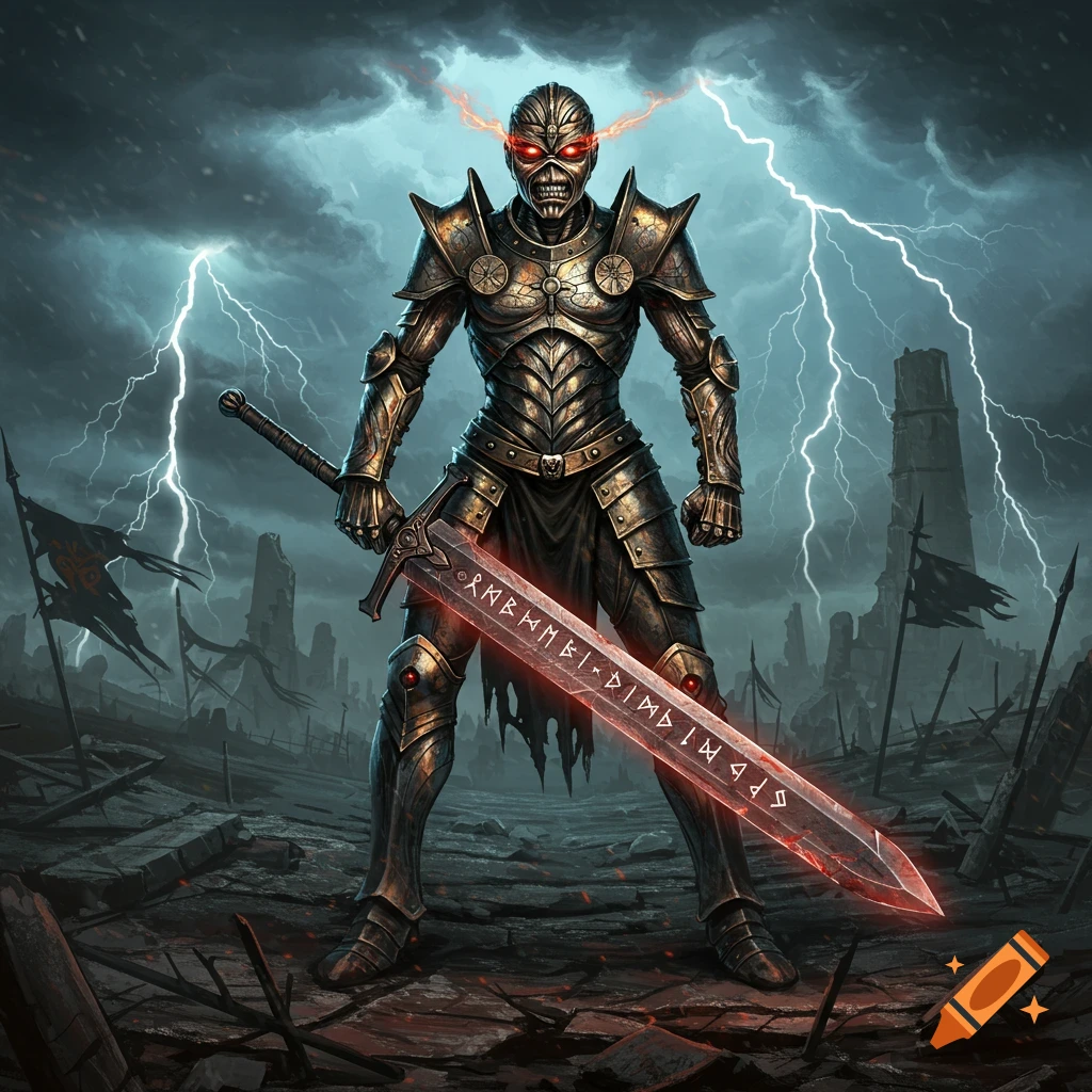 A skeletal knight in ornate armor with glowing red eyes holds a large ...