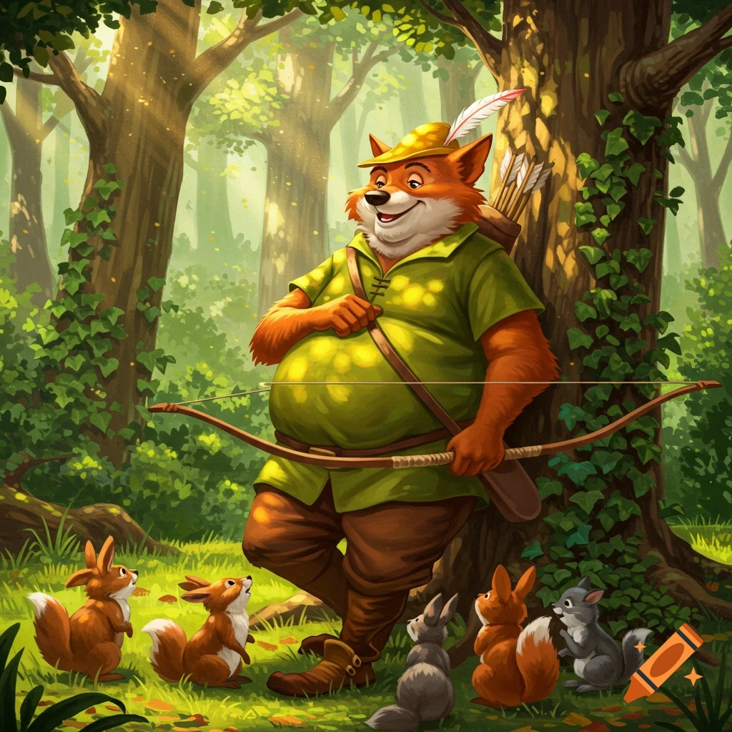 A cartoon fox dressed as Robin Hood with a bow and quiver, leaning ...