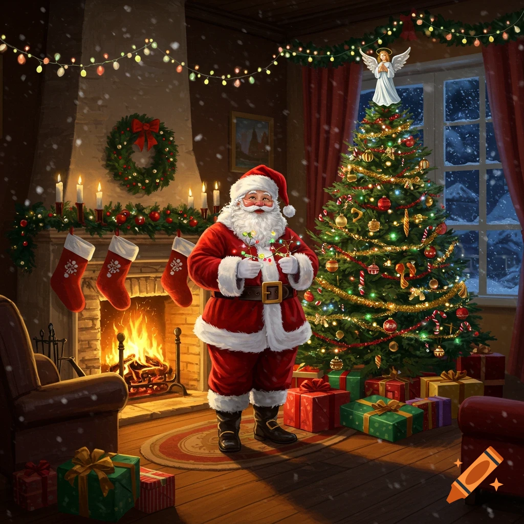 A young child in a full Santa Claus costume stands smiling in a festive ...