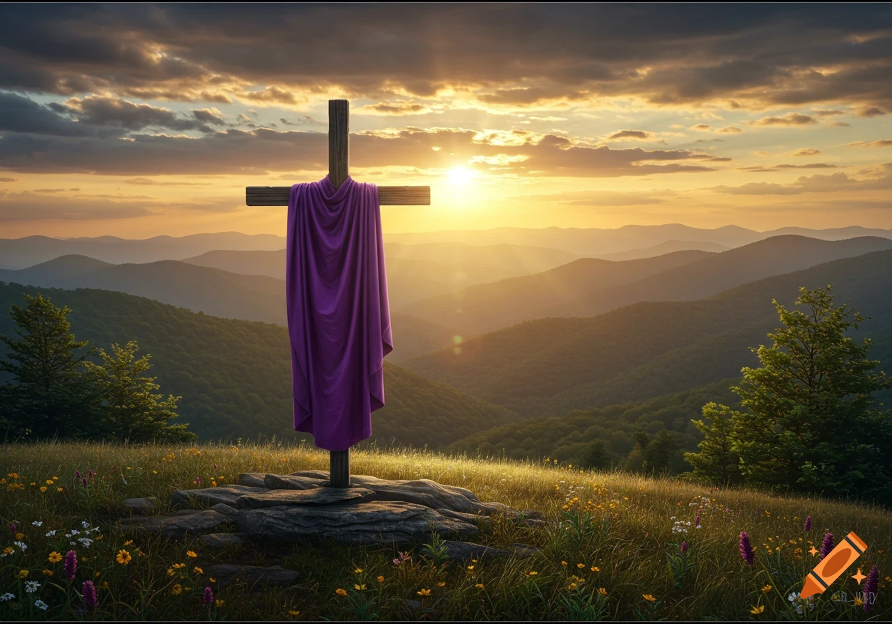 A rugged wooden cross stands atop a grassy hill overlooking a mountain ...