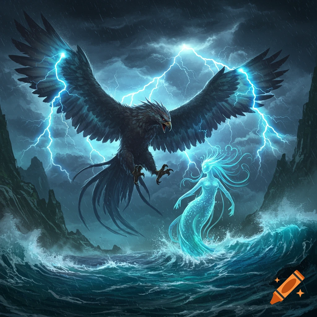 A powerful thunderbird with glowing blue lightning wings attacks a ...