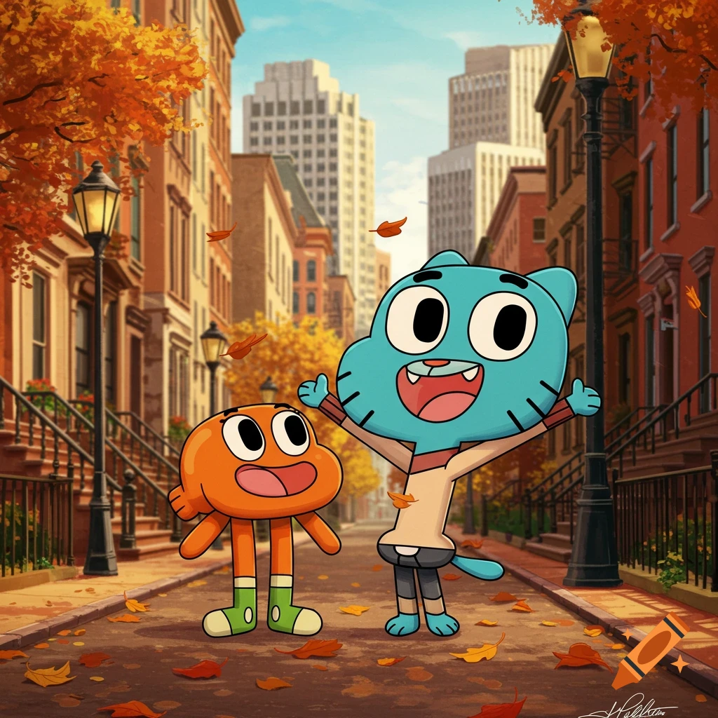Gumball and Darwin Watterson happily stand on an autumn city street ...