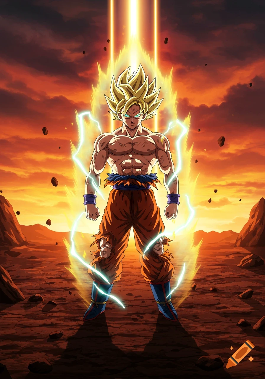 Goku in Super Saiyan form, shirtless, radiating golden energy and ...