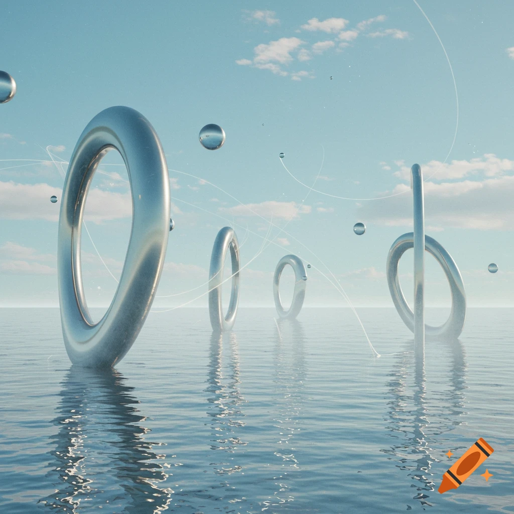 A surreal landscape featuring several metallic rings and floating ...