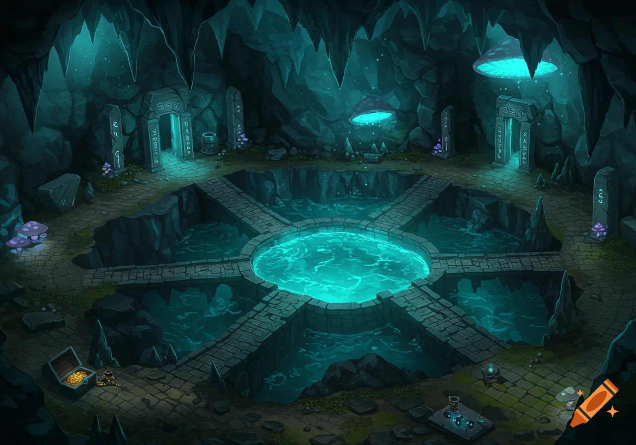 An illustrative fantasy dungeon map of a glowing turquoise cave with ...