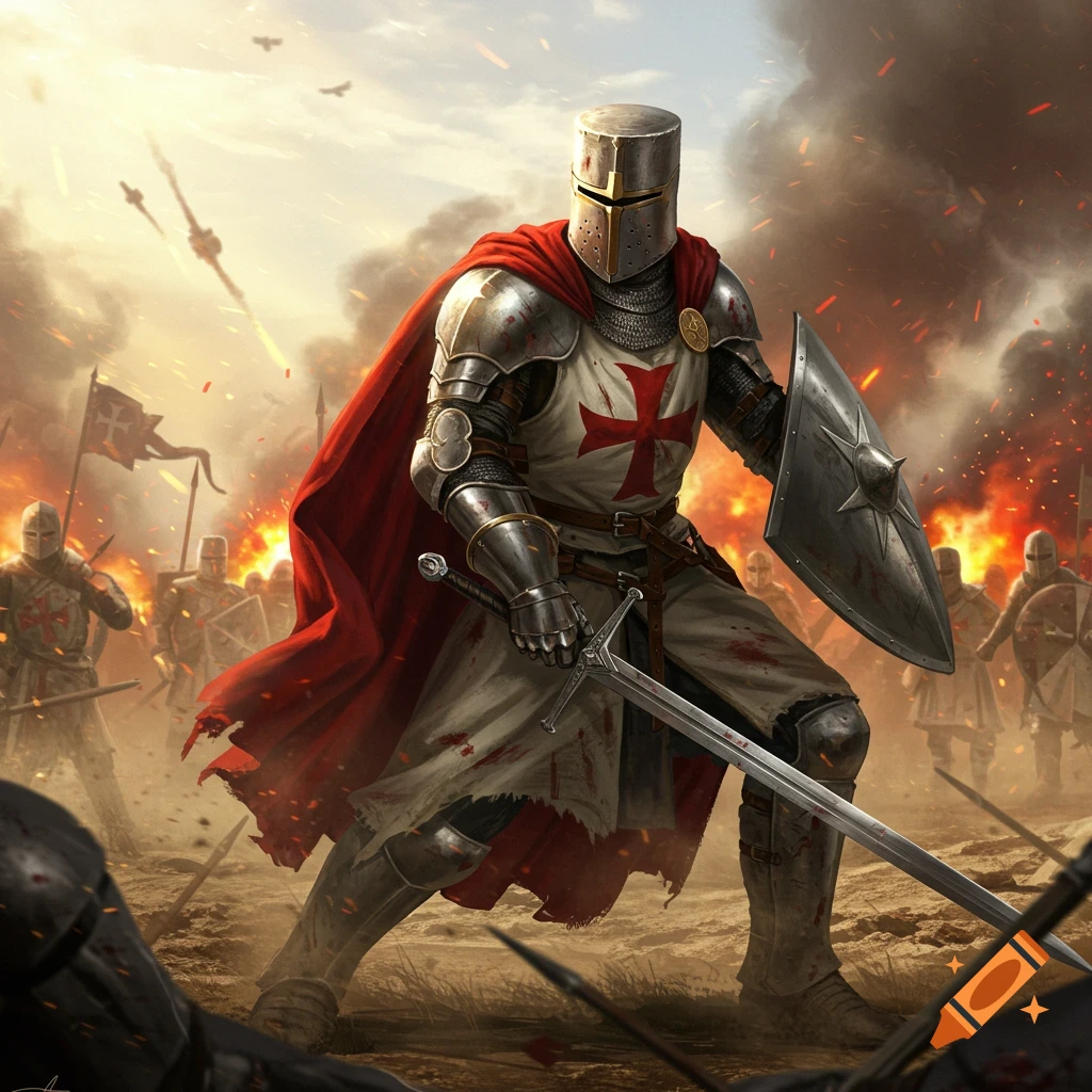 A knight in full armor and red cape holds a sword and shield, standing ...