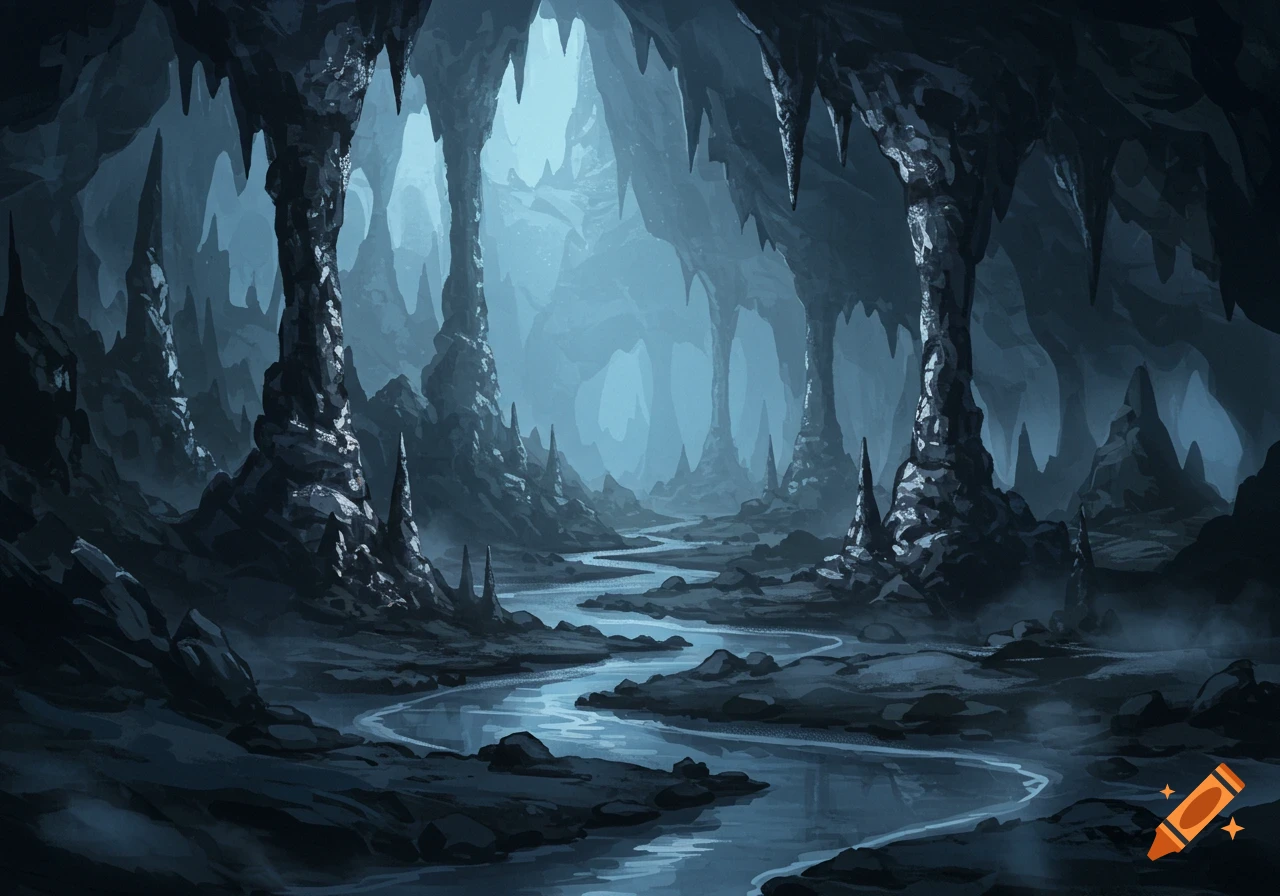 A dark, mysterious cave with towering stalactites and stalagmites, and ...