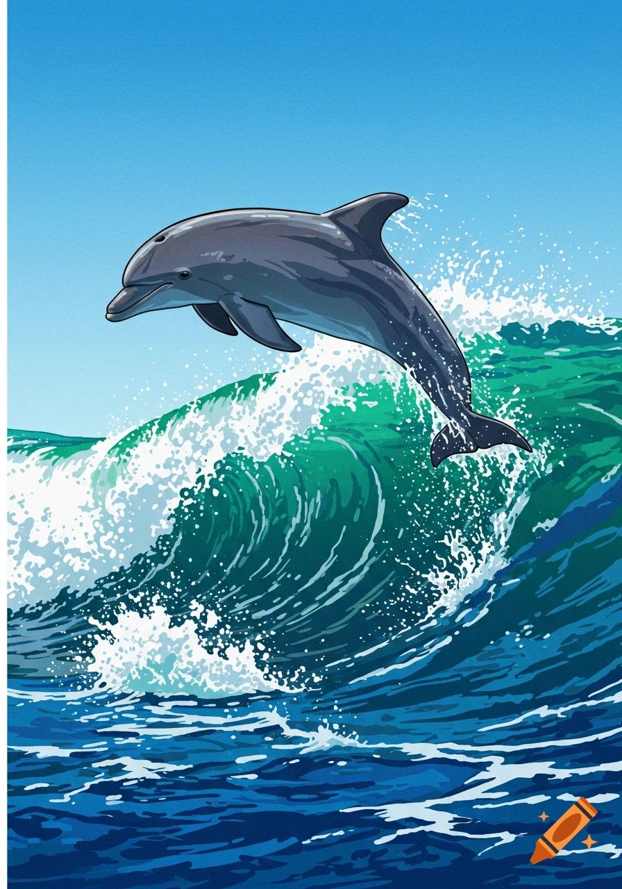 A comic art illustration of a gray dolphin jumping out of a large green ...