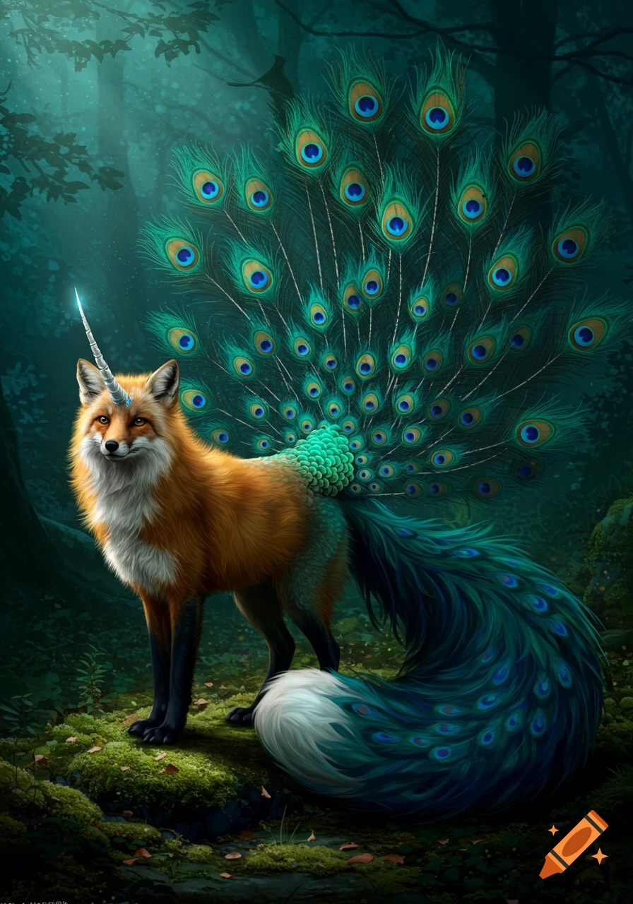 A majestic red fox with a glowing unicorn horn stands in a dark forest ...