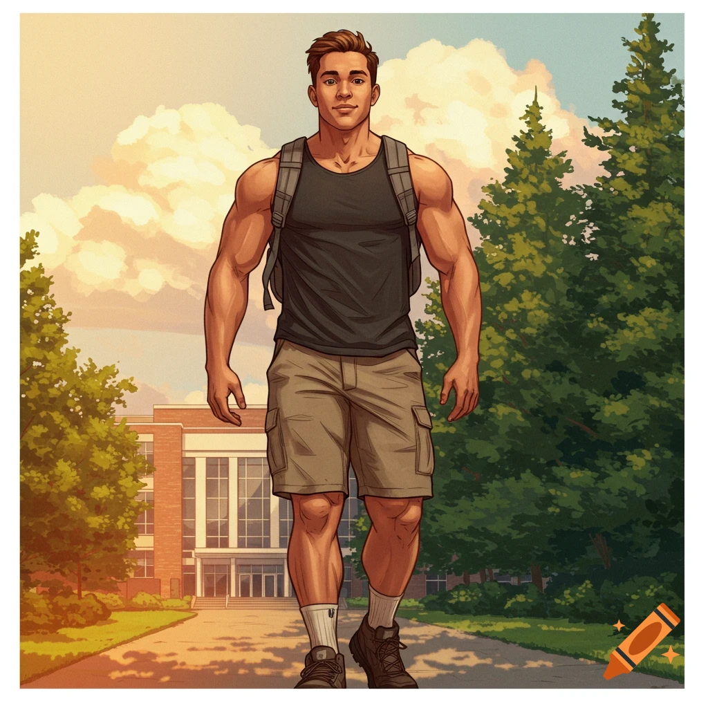 Cartoon illustration of a muscular man with a backpack walking on a ...