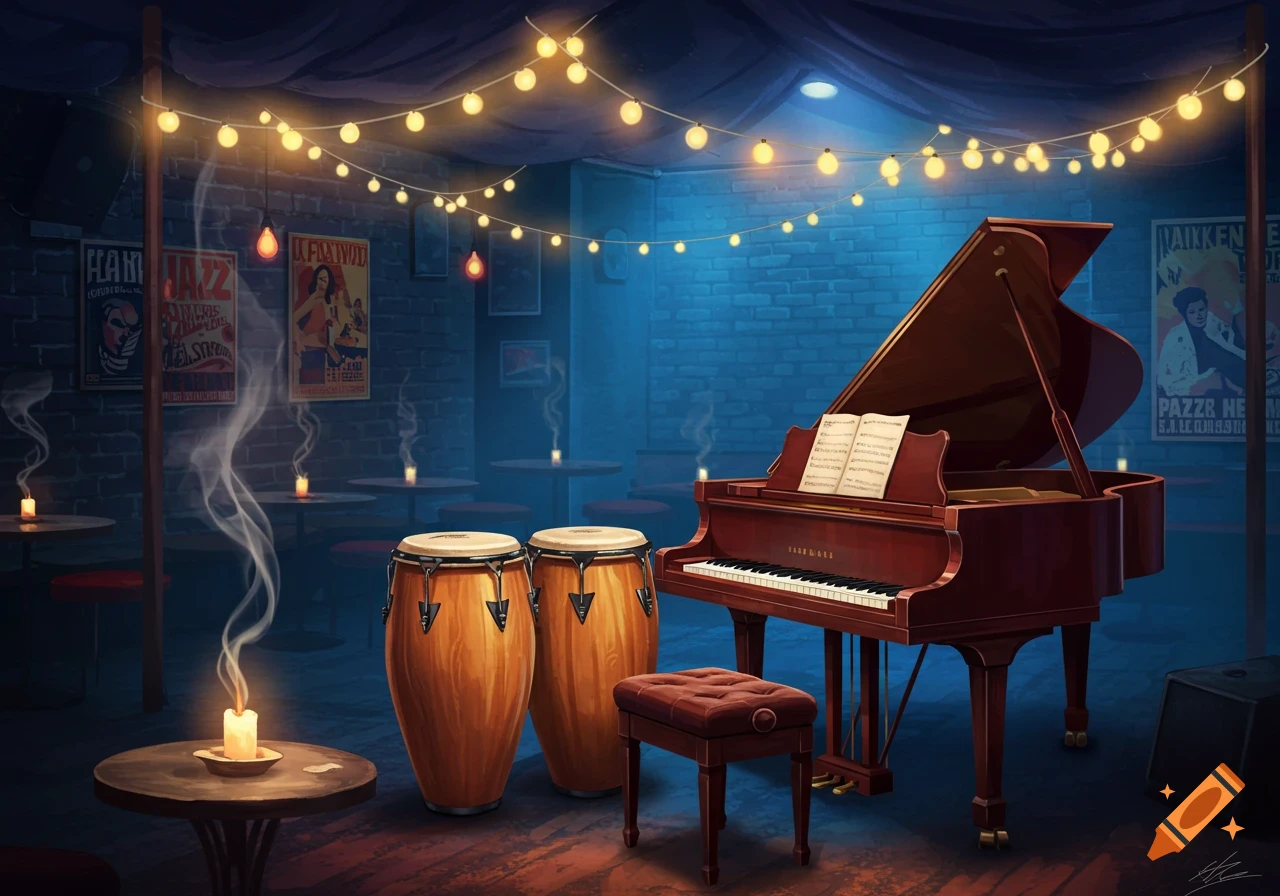 A richly detailed illustration of a jazz club interior with a grand ...