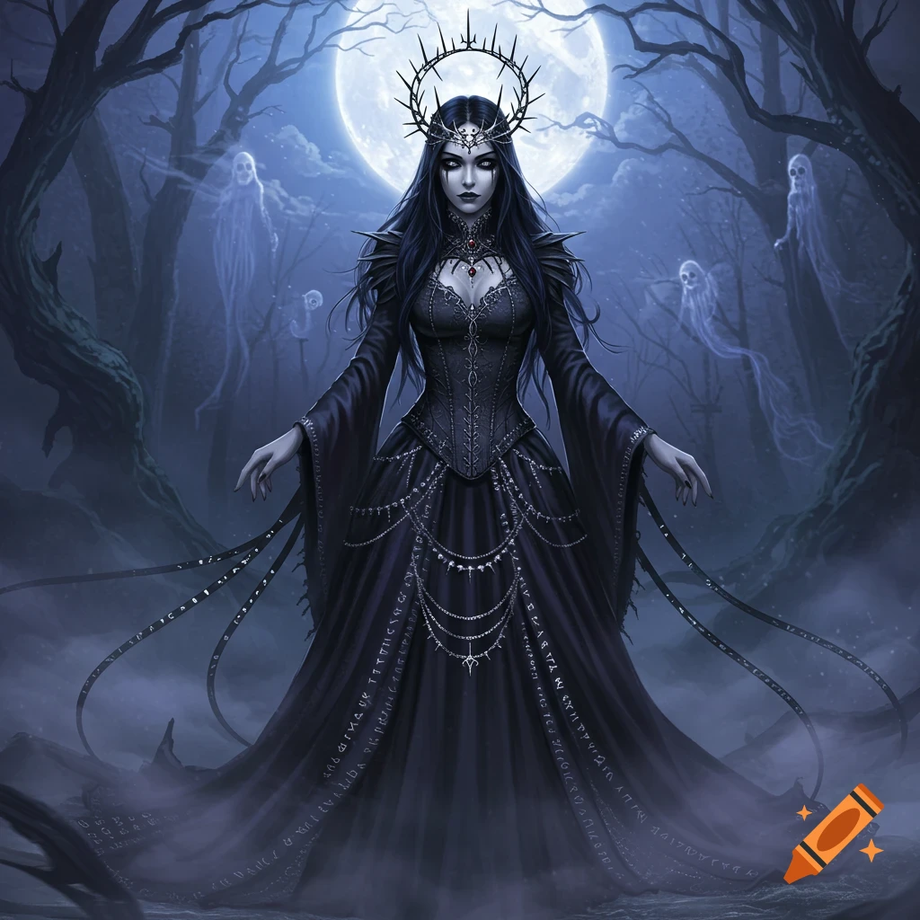 A gothic queen with a thorny crown and long black hair stands in a ...