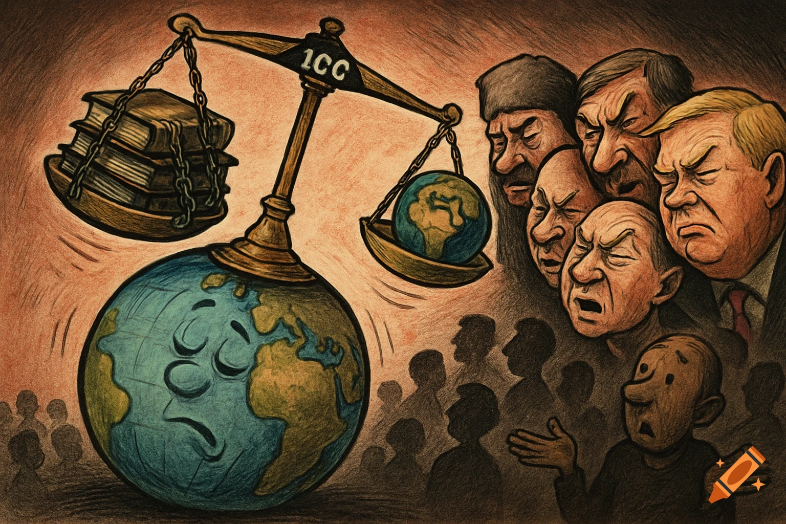 Political cartoon in a pencil sketch style: a scale with 'ICC' weighs ...