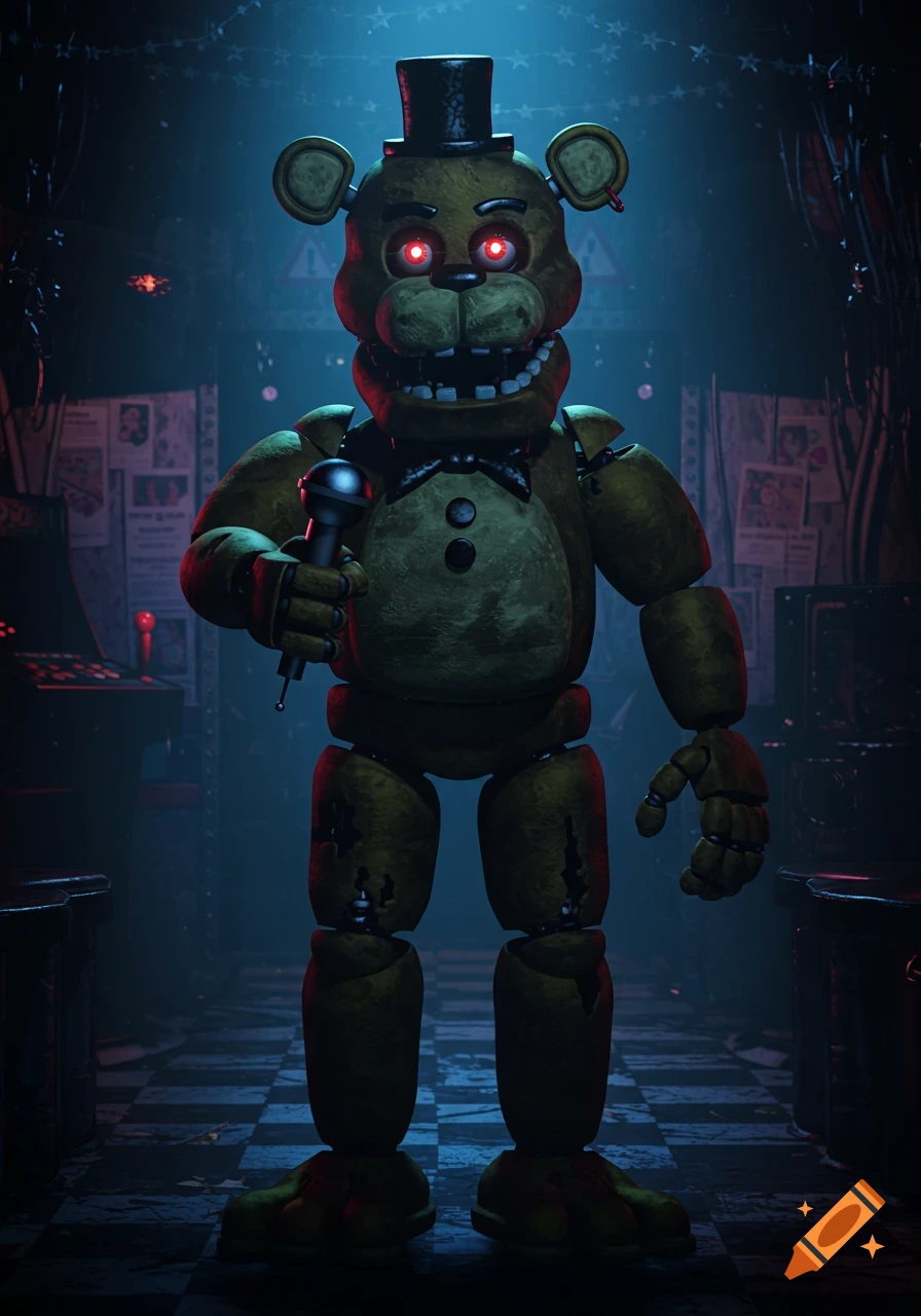 Freddy Fazbear, the animatronic bear with glowing red eyes, stands in a ...