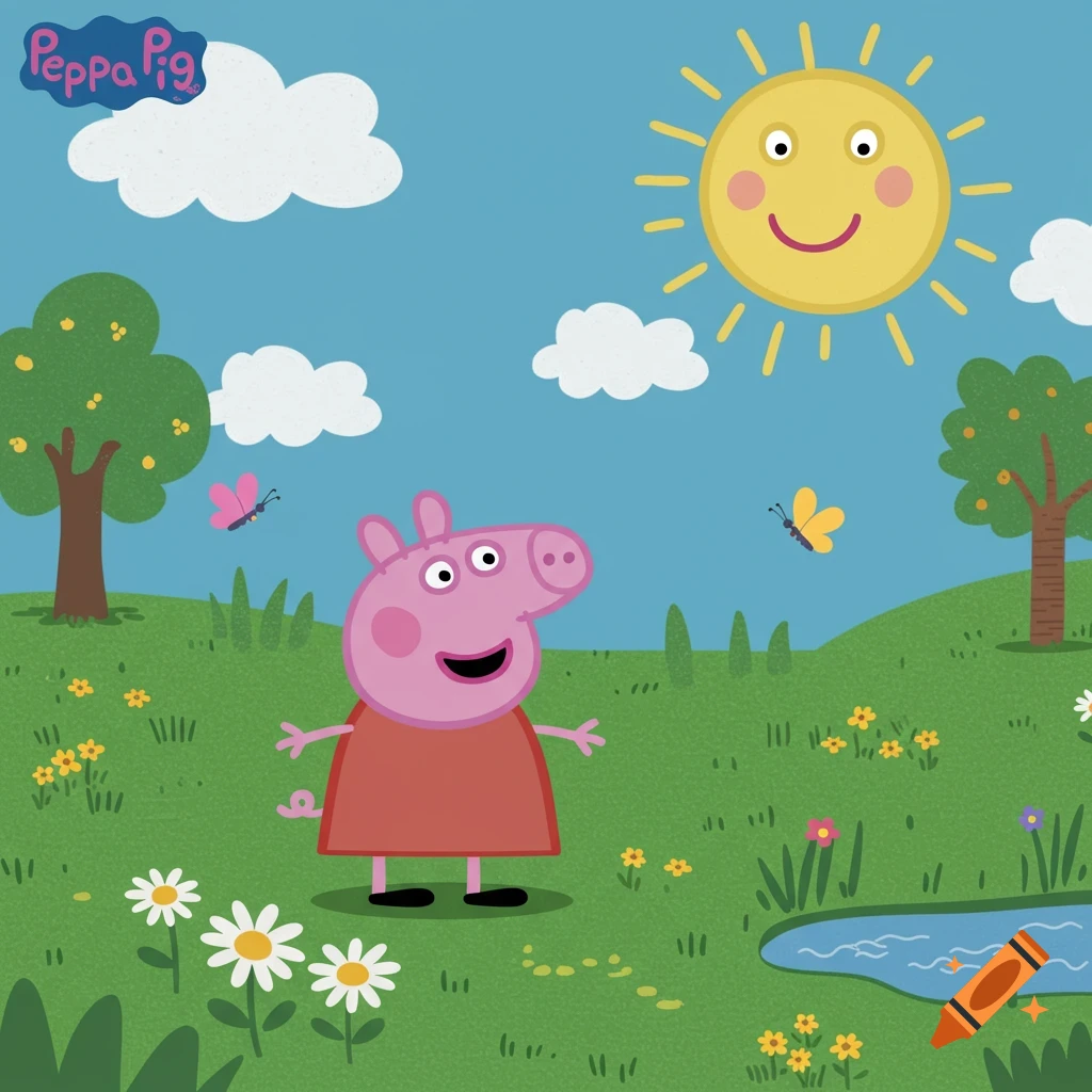 Peppa Pig, a rabbit, and a squirrel in a vibrant cartoon field with ...