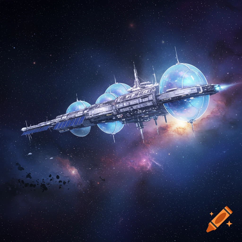 Spaceship in laser battle with neon tree exhaust destroying a planet on ...