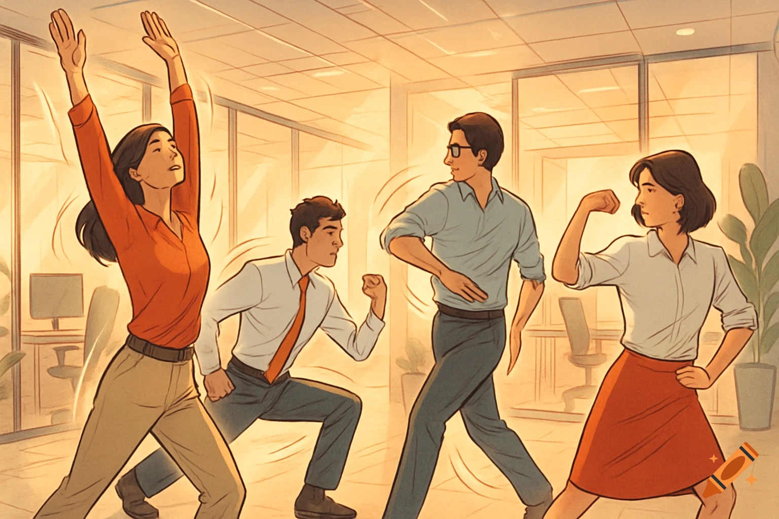 Four diverse office workers perform stretching exercises in a bright ...