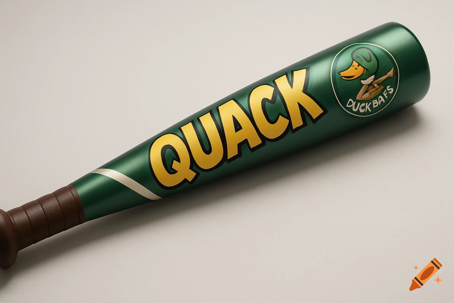 Photorealistic image of a green baseball bat with a brown grip. The ...