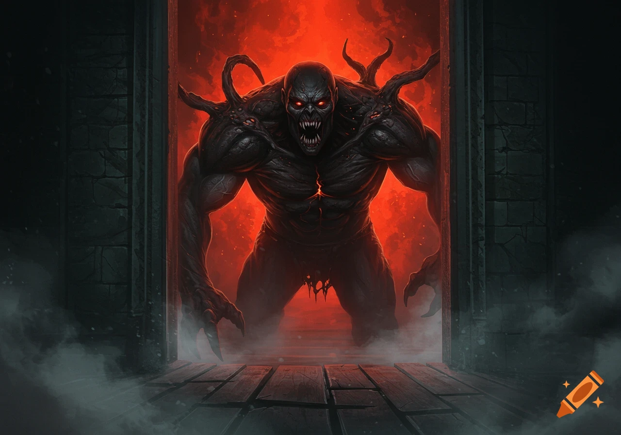 Evil SpongeBob in golden armor with horns and red eyes, holding fire ...