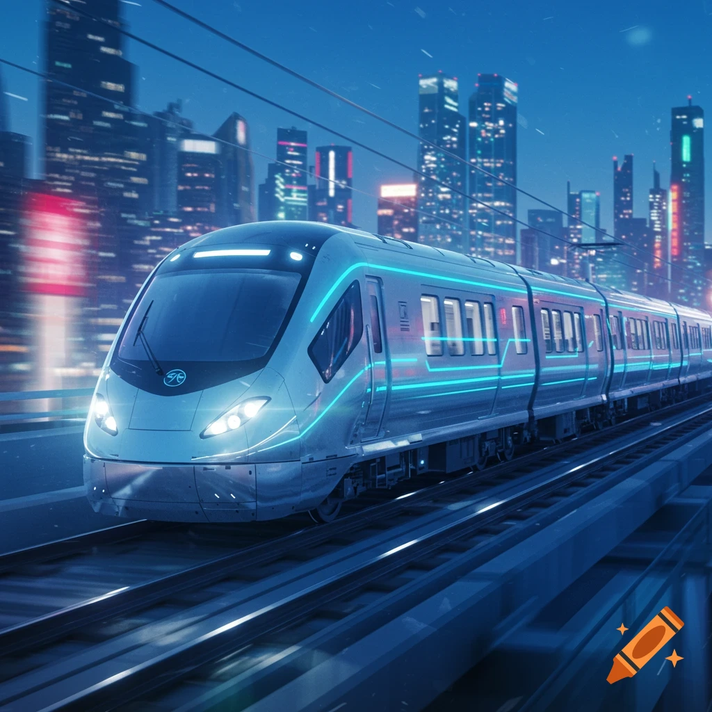 Futuristic silver train with a glowing Bitcoin logo speeding through a ...