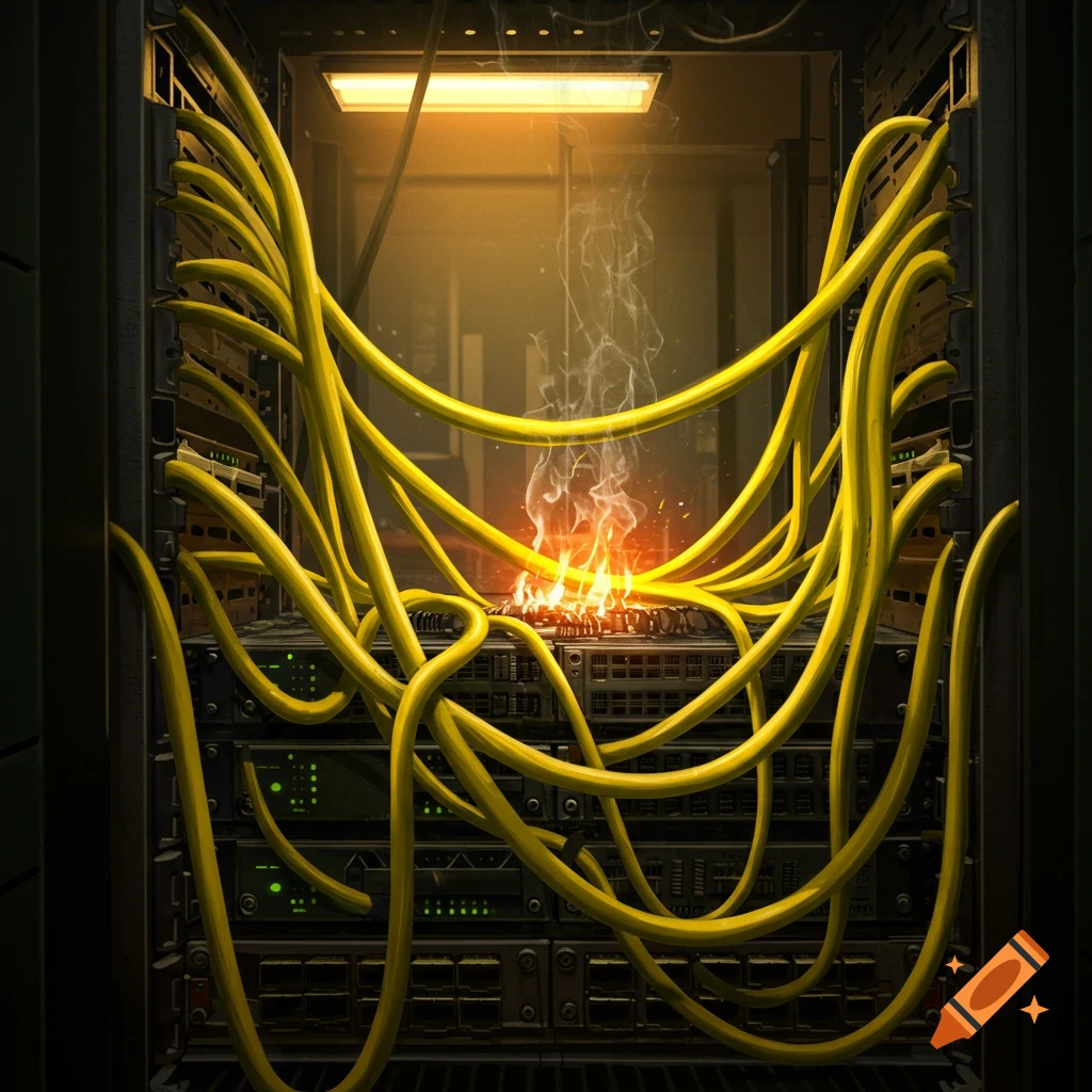 A network server rack with bright yellow cables catches fire, emitting flames and smoke in a ...