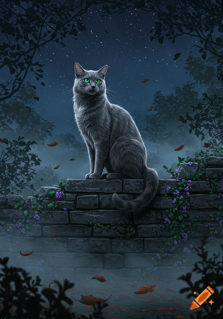 A stylized cat with white and green tribal markings lies on a rock ...