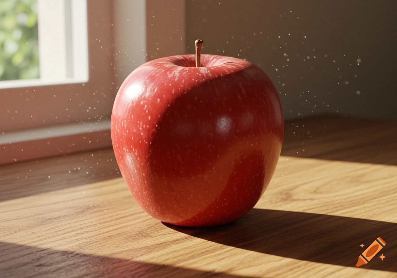 A vibrant red apple rests on a polished wooden surface, illuminated by ...