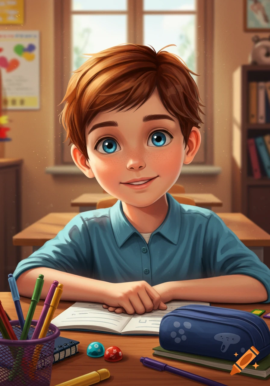 A cute cartoon boy with brown hair happily reads a large book at a ...