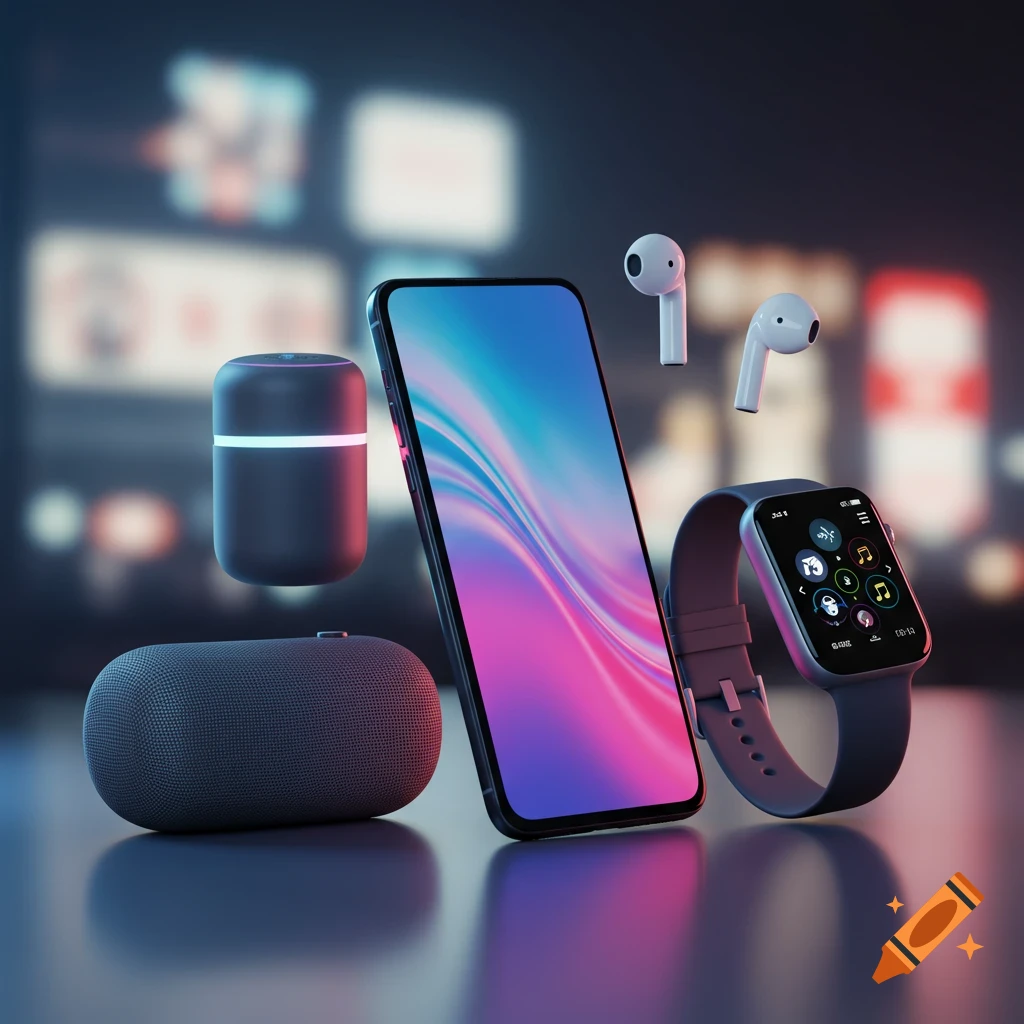 A smartphone, smartwatch, wireless earbuds, speaker, and small cylinder ...