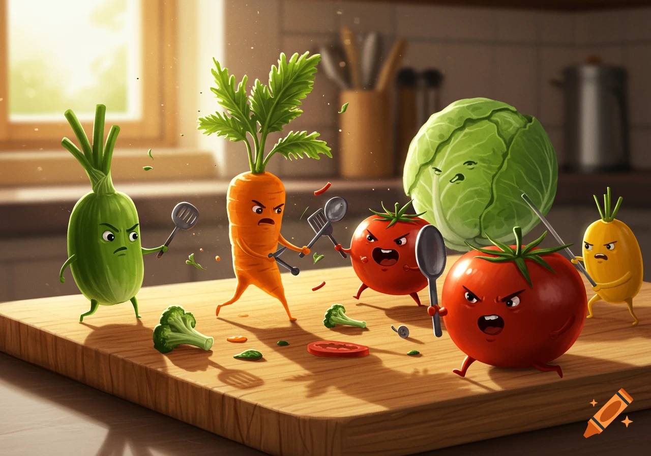 Cartoon bipedal cucumbers enjoying a meal of various Indian dishes on a ...