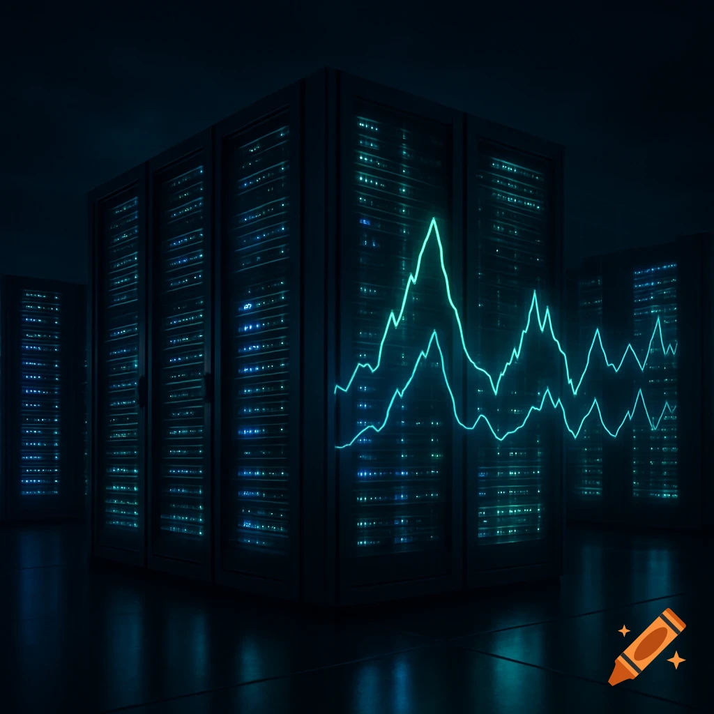 A dark, futuristic data center with rows of glowing servers and a neon ...