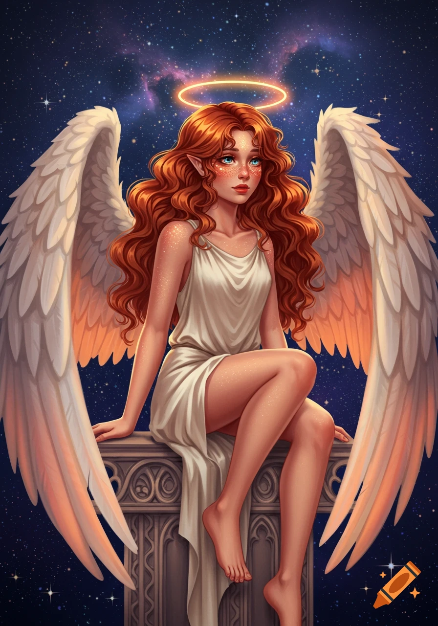 Anime fantasy illustration of a red-haired angel with white wings, halo ...