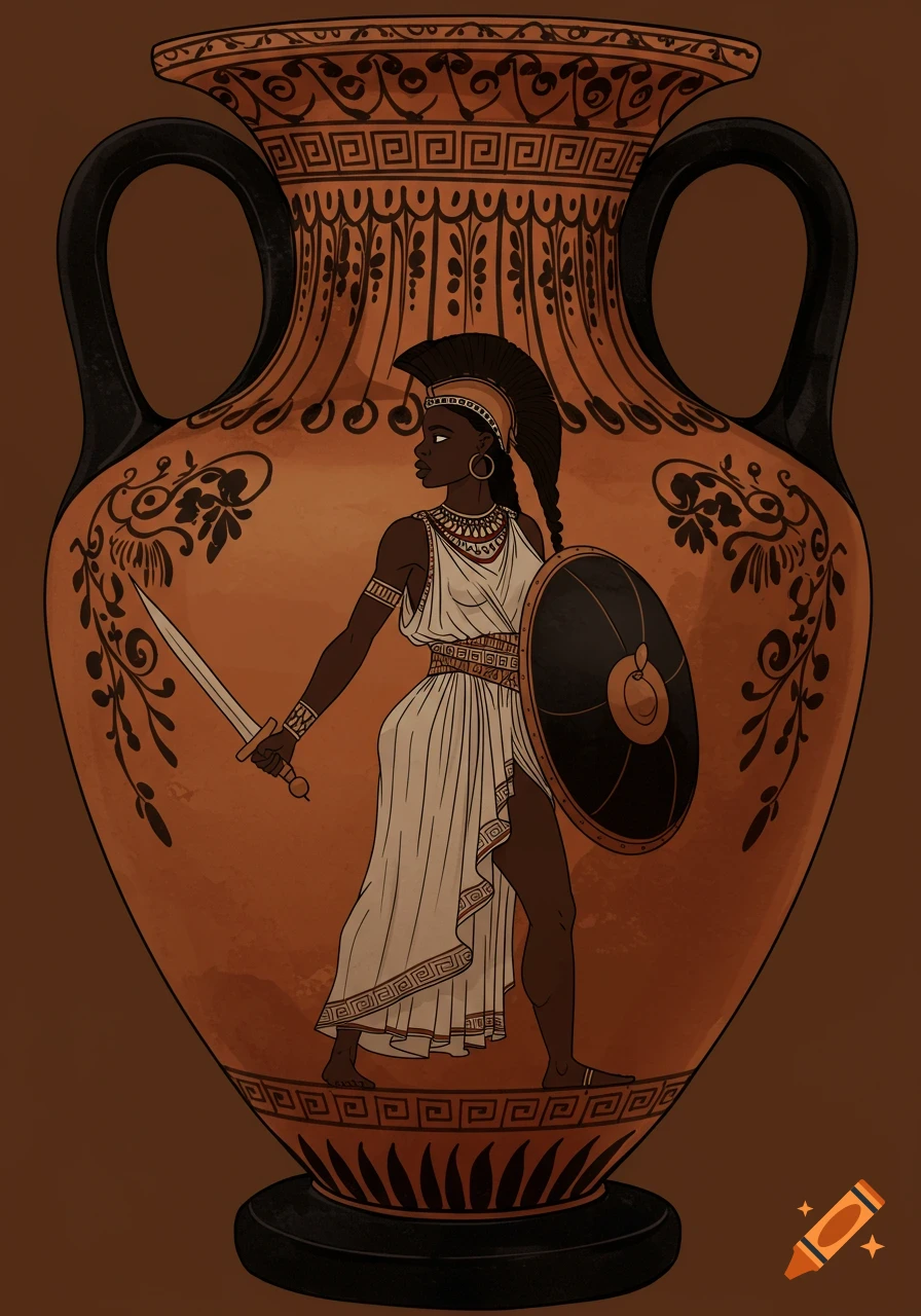 Ancient Greek vase art depicting a Dahomey Amazon warrior with a sword ...
