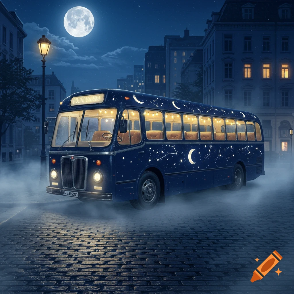 A dark blue bus with moon and star decals on a cobblestone street at ...