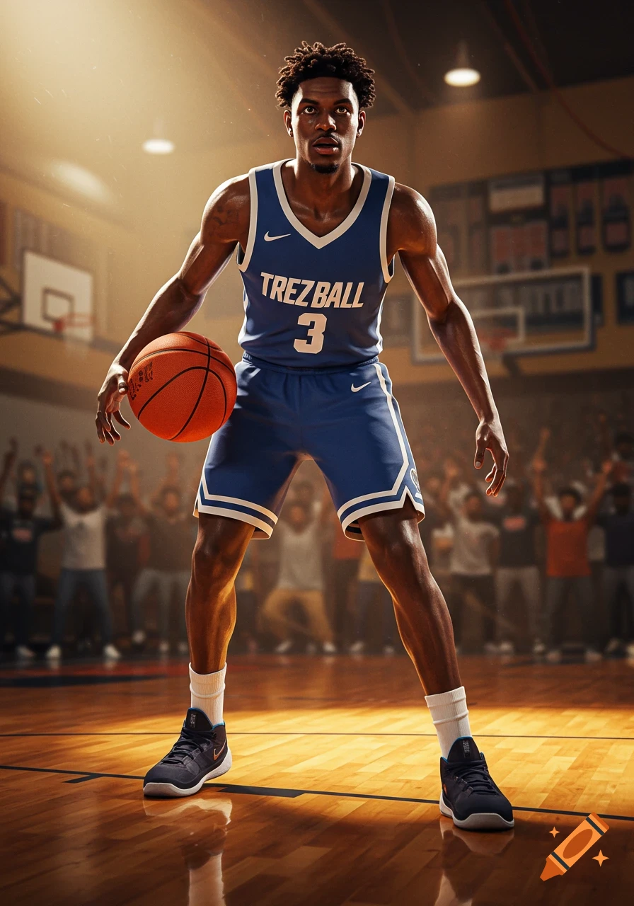 A photorealistic image of a male basketball player dunking in a packed ...