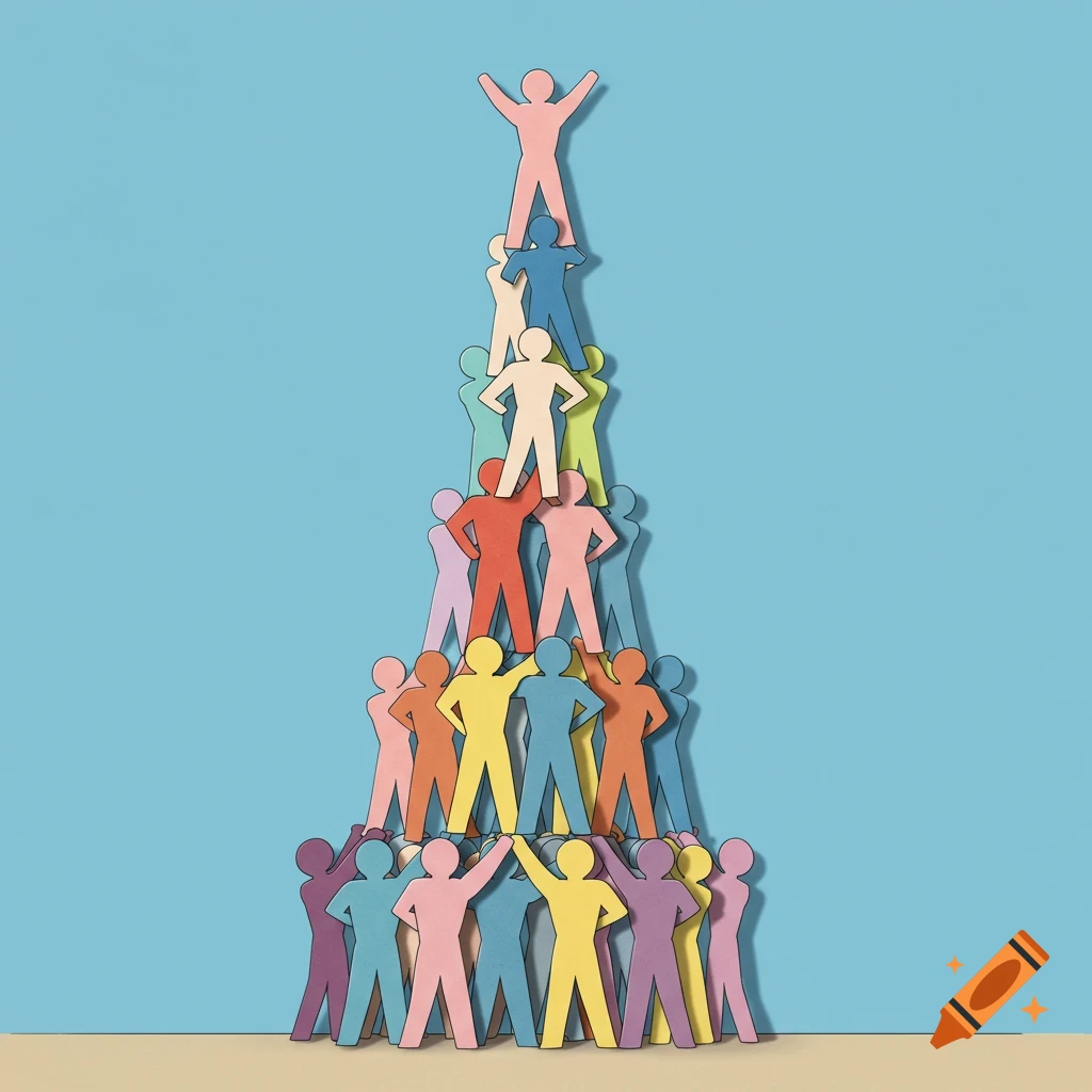 Colorful paper cutout figures form a human tower against a blue ...
